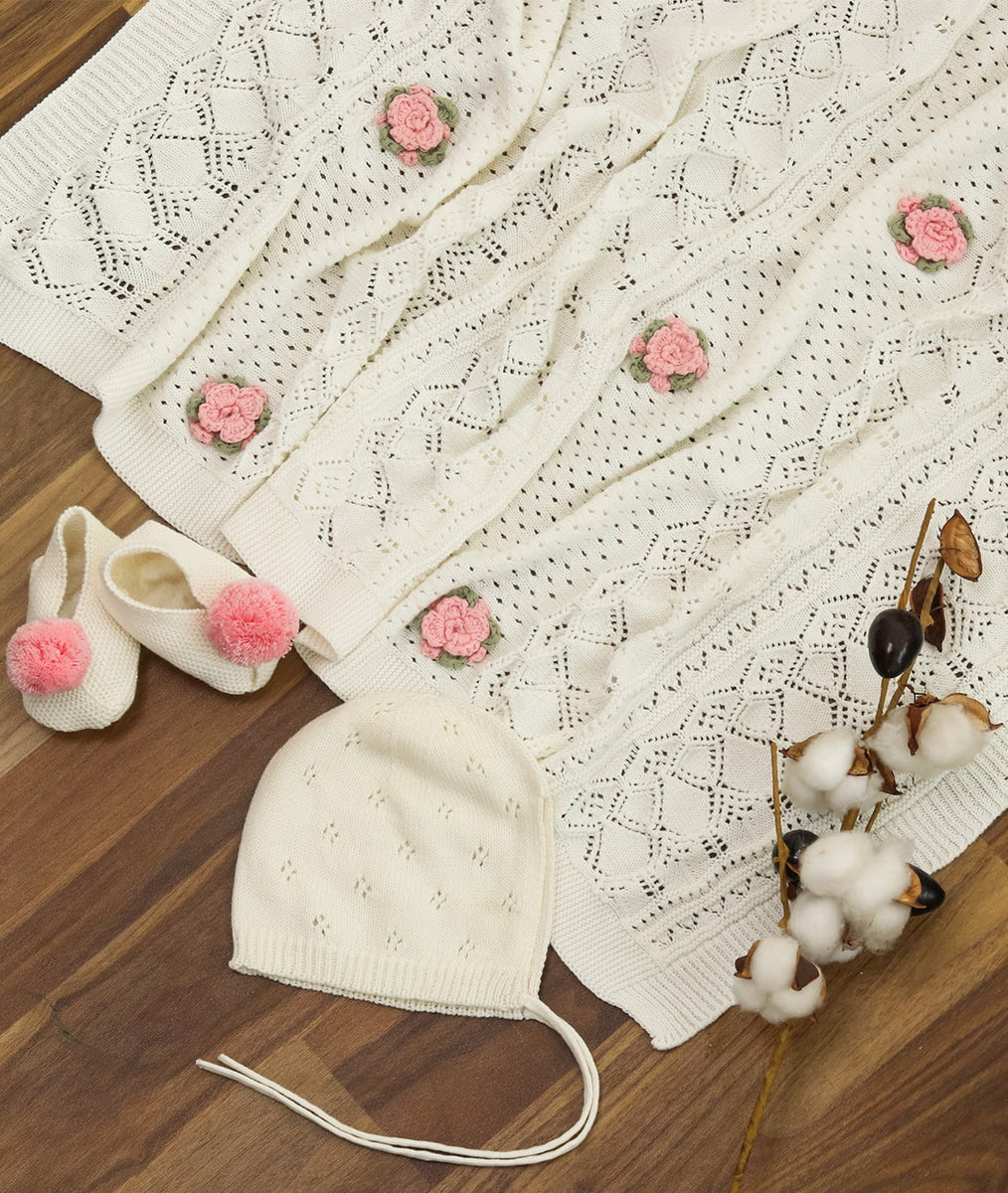 Keepsake Baby Gift Set- Crochet Knit Blanket with Hand Crochet Flowers ...