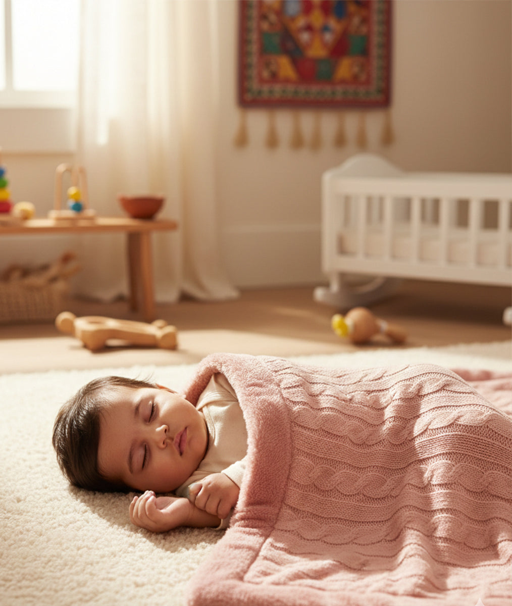 Cable Knit with Embroidered Heart- Baby Pink Cotton Knitted Blanket Wi ...