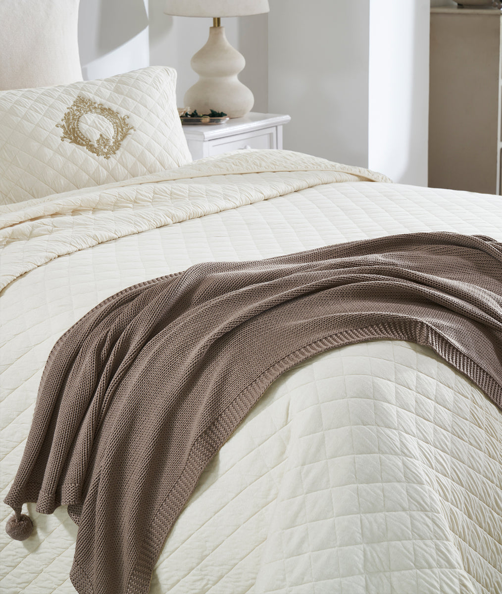 Cotton knitted Bed Cover with Embroidered Pillow Cover ( Set of 3 Pcs ...