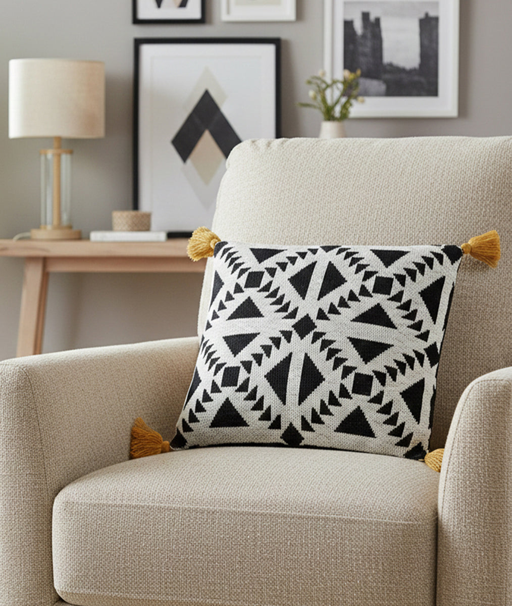 Abstract Black, Natural & Mustard Cotton Knitted Decorative 16 X 16 In ...