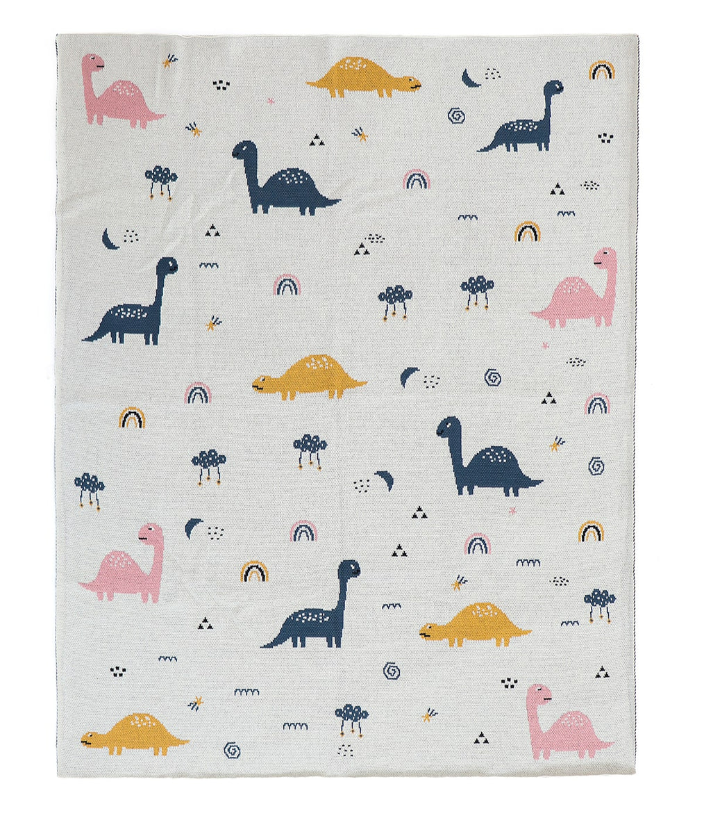 Dinos World- Natural & Multi Color Cotton Knitted Throw / Ac Blanket F ...