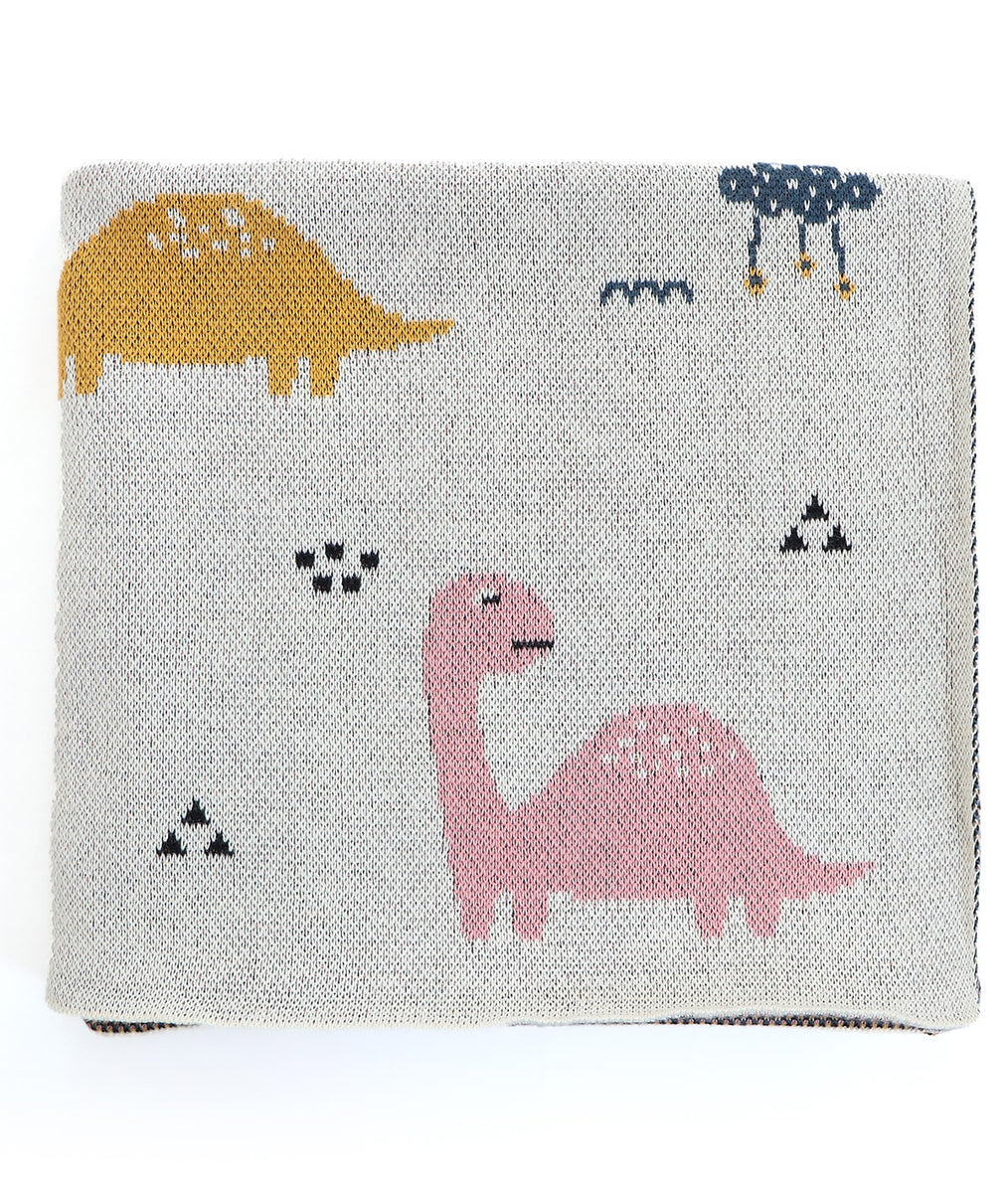 Dinos World- Natural & Multi Color Cotton Knitted Throw / Ac Blanket F ...