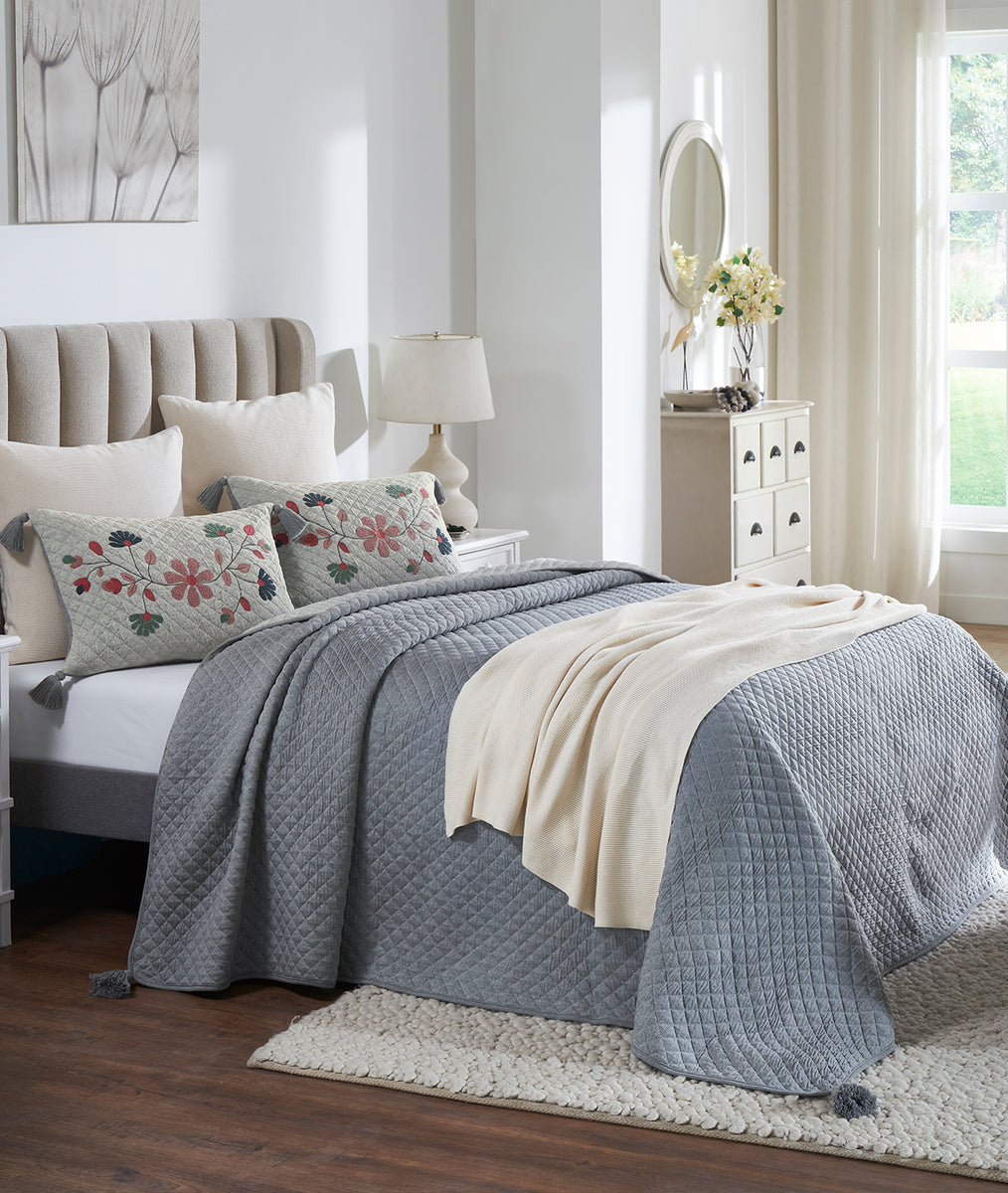 Cotton knitted Bed Cover with Embroidered Pillow Cover ( Set of 3 Pcs ...