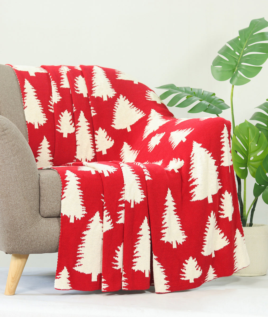 X-Mas Tree Red 100% Cotton Knitted All Season AC Throw Blanket – Pluchi ...