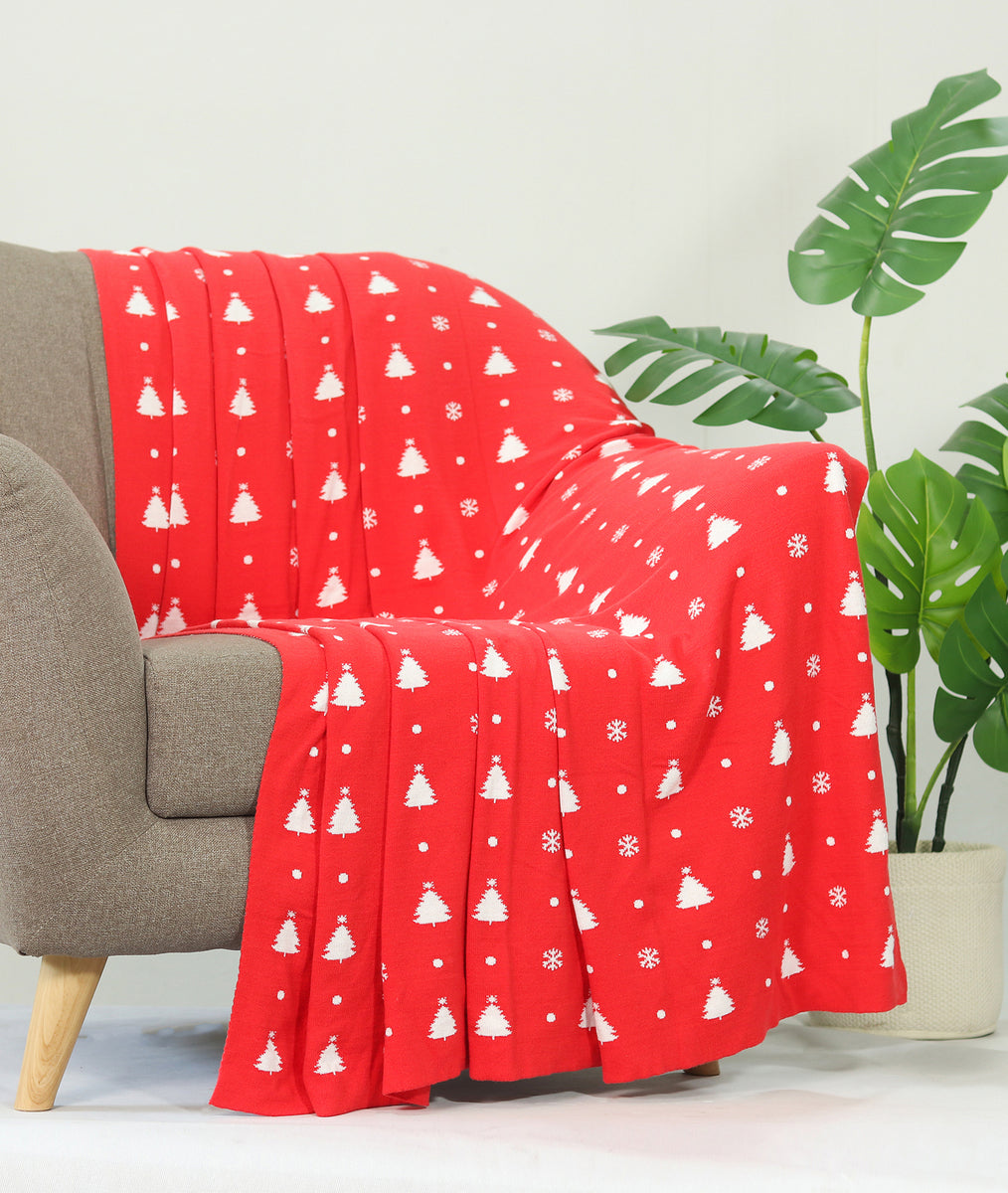 Christmas Tree Red 100% Cotton Knitted All Season AC Throw Blanket ...