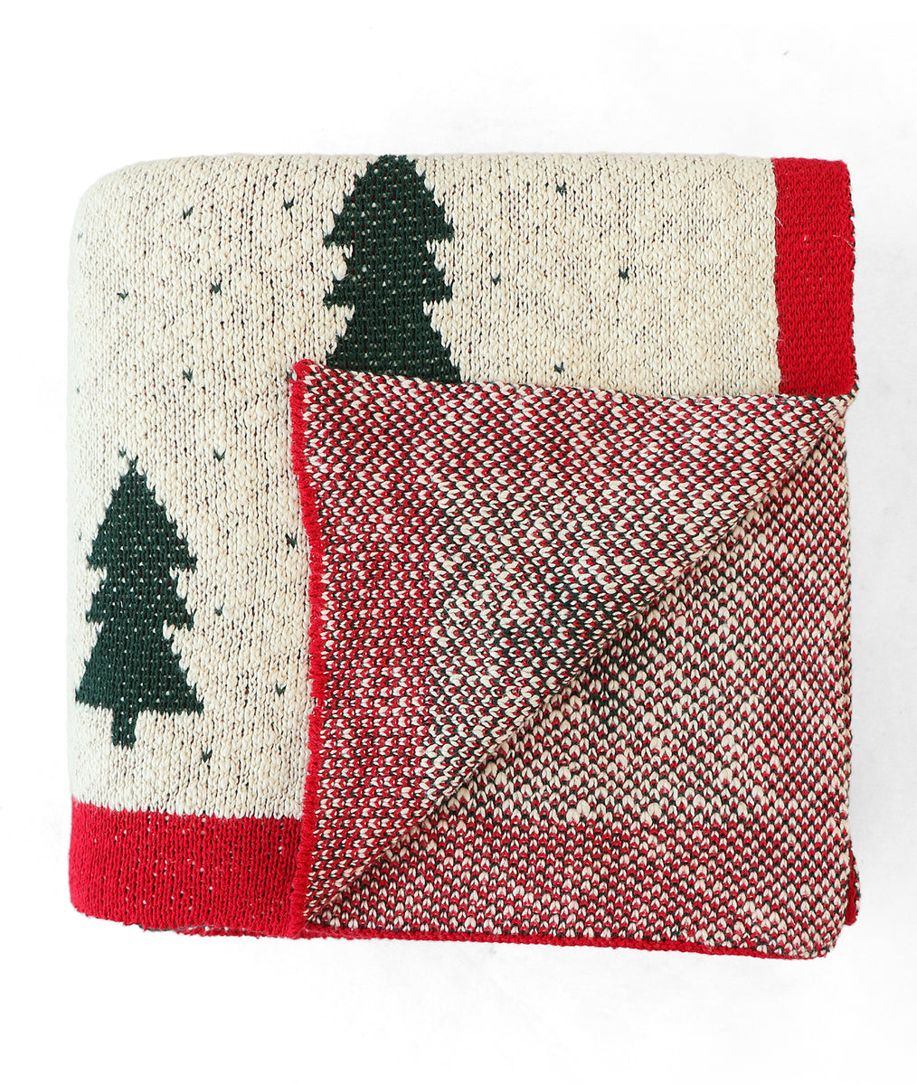 X-Mas Tree Natural & Green 100% Cotton Knitted All Season AC Throw Bla ...