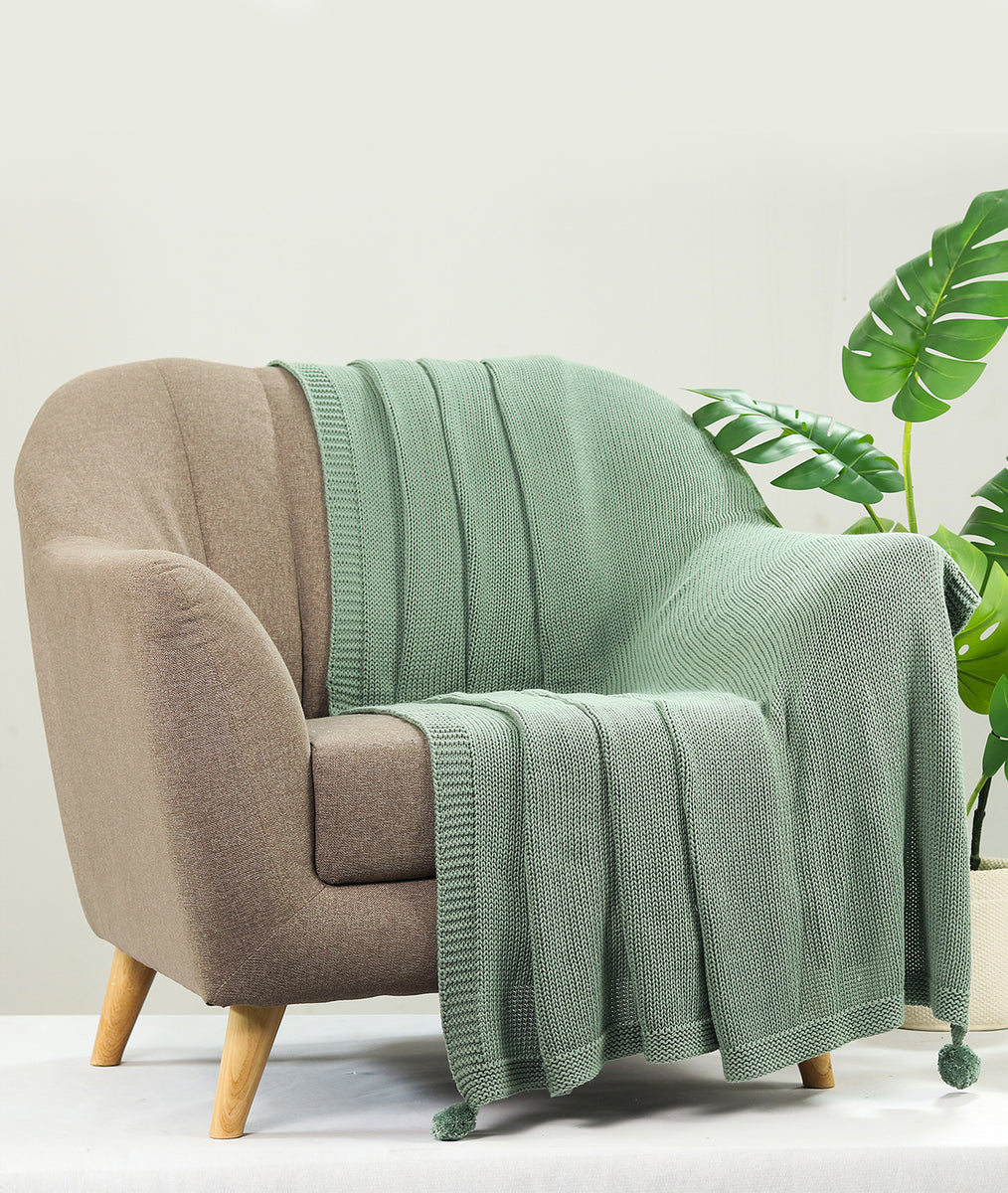 Jersey Chunky Knit Green Color Cotton Knitted Throw /Blanket For Round ...