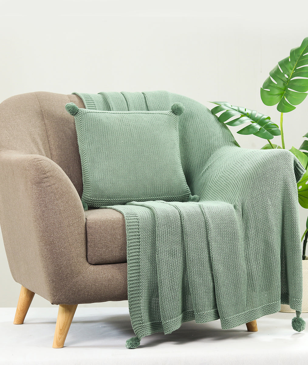 Jersey Chunky Knit Green Color Cotton Knitted Throw /Blanket For Round ...