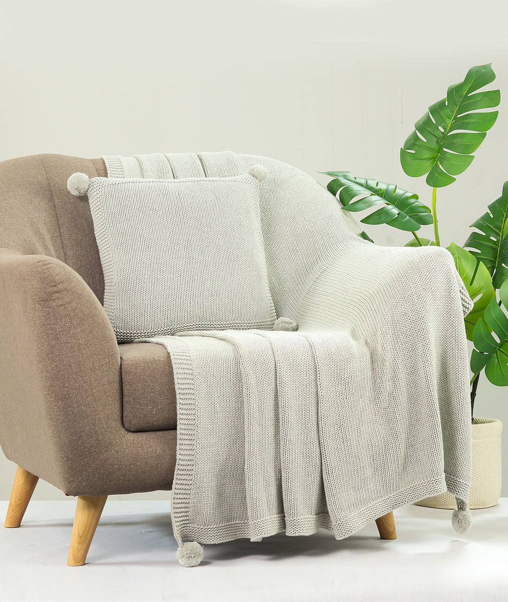 Jersey Chunky Knit Vanilla Grey Melange Color Cotton Knitted Throw /Bl ...