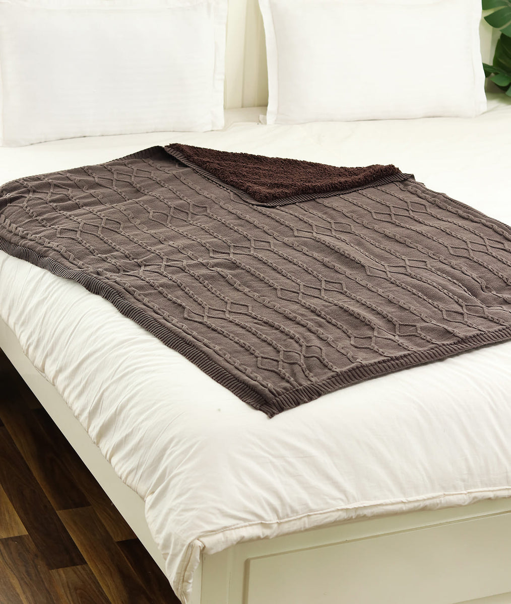 Twist Cable Cotton Knitted Throw Blanket With Warm Sherpa (Brown ...