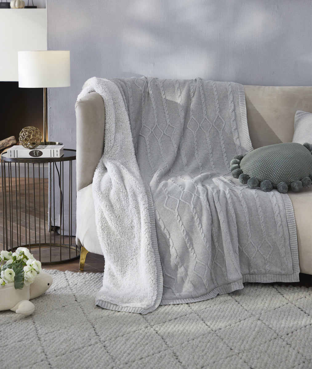Twist Cable Cotton Knitted Throw Blanket With Warm Sherpa (Cool Grey ...