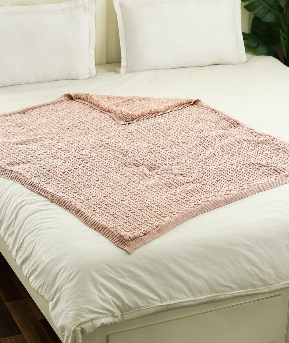 Cable Knit Cotton Knitted Throw Blanket With Warm Sherpa (Cameo Pink ...
