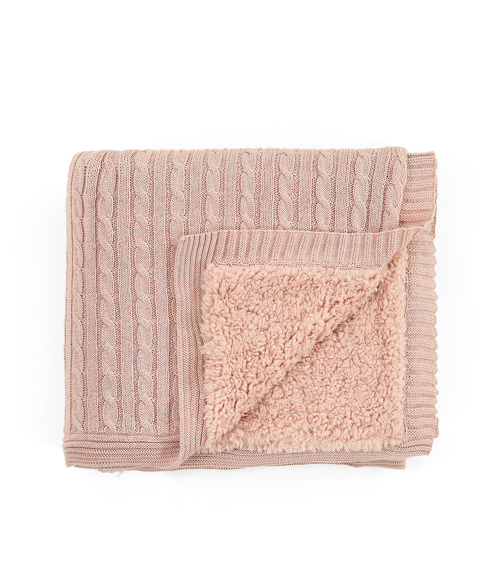 Cable Knit Cotton Knitted Throw Blanket With Warm Sherpa (Cameo Pink ...