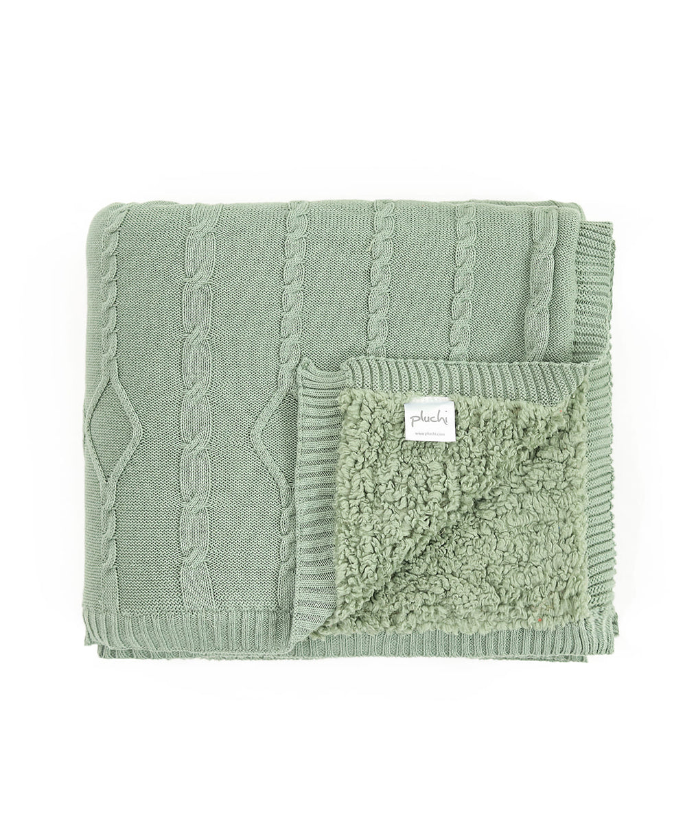 Twist Cable Cotton Knitted Throw Blanket With Warm Sherpa (Indus Blue ...