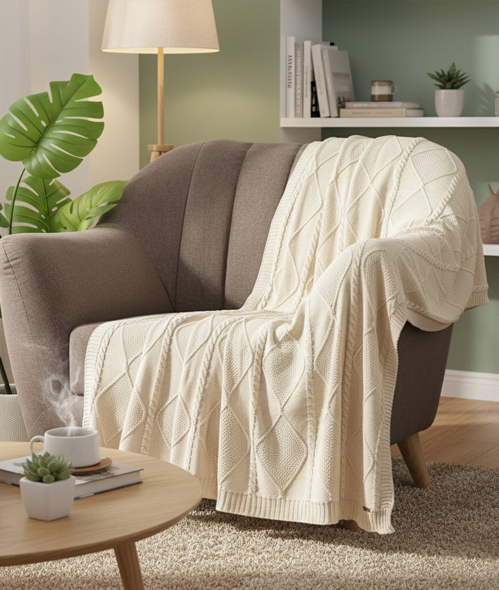 Cable Moss Throw Natural Color 100% Cotton Knitted All Season AC Throw ...