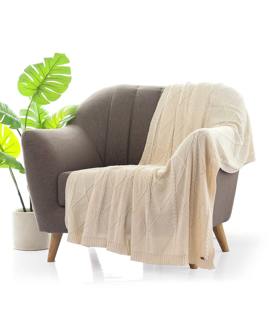 Cable Moss Throw Natural Color 100% Cotton Knitted All Season AC Throw ...
