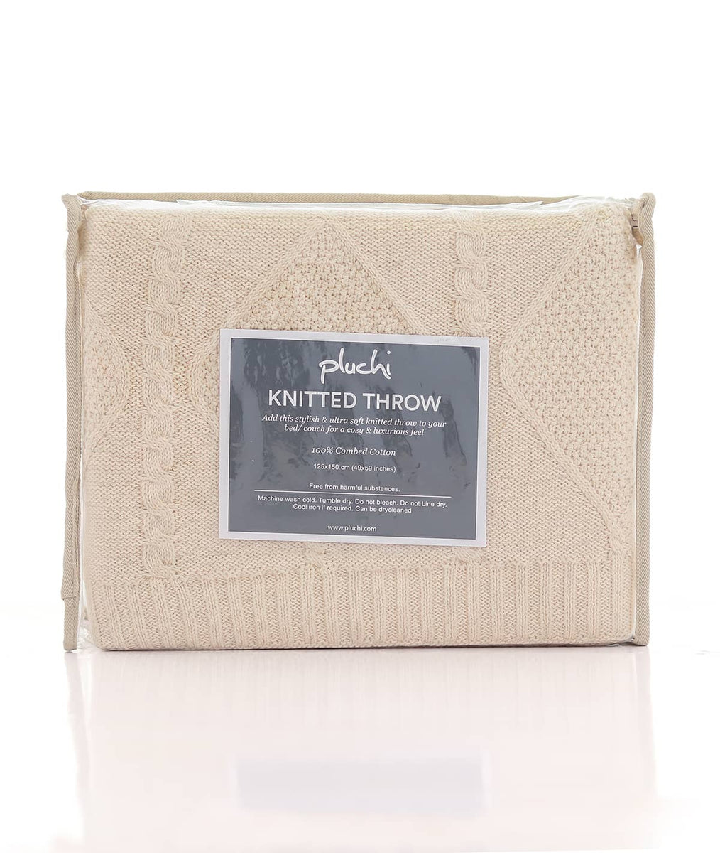 Cable Moss Throw Natural Color 100% Cotton Knitted All Season AC Throw ...