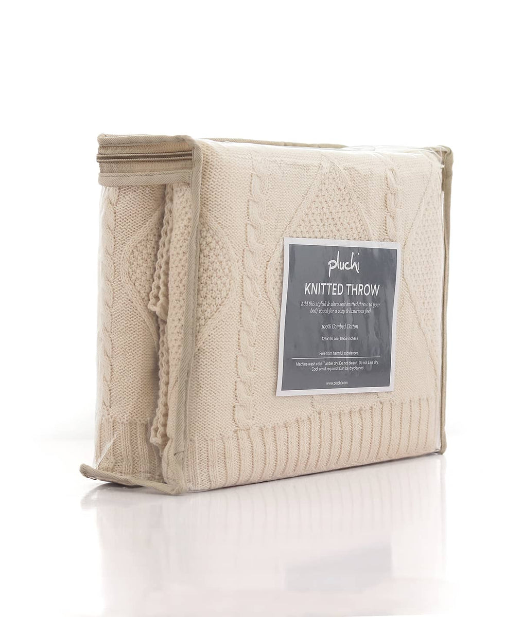 Cable Moss Throw Natural Color 100% Cotton Knitted All Season AC Throw ...