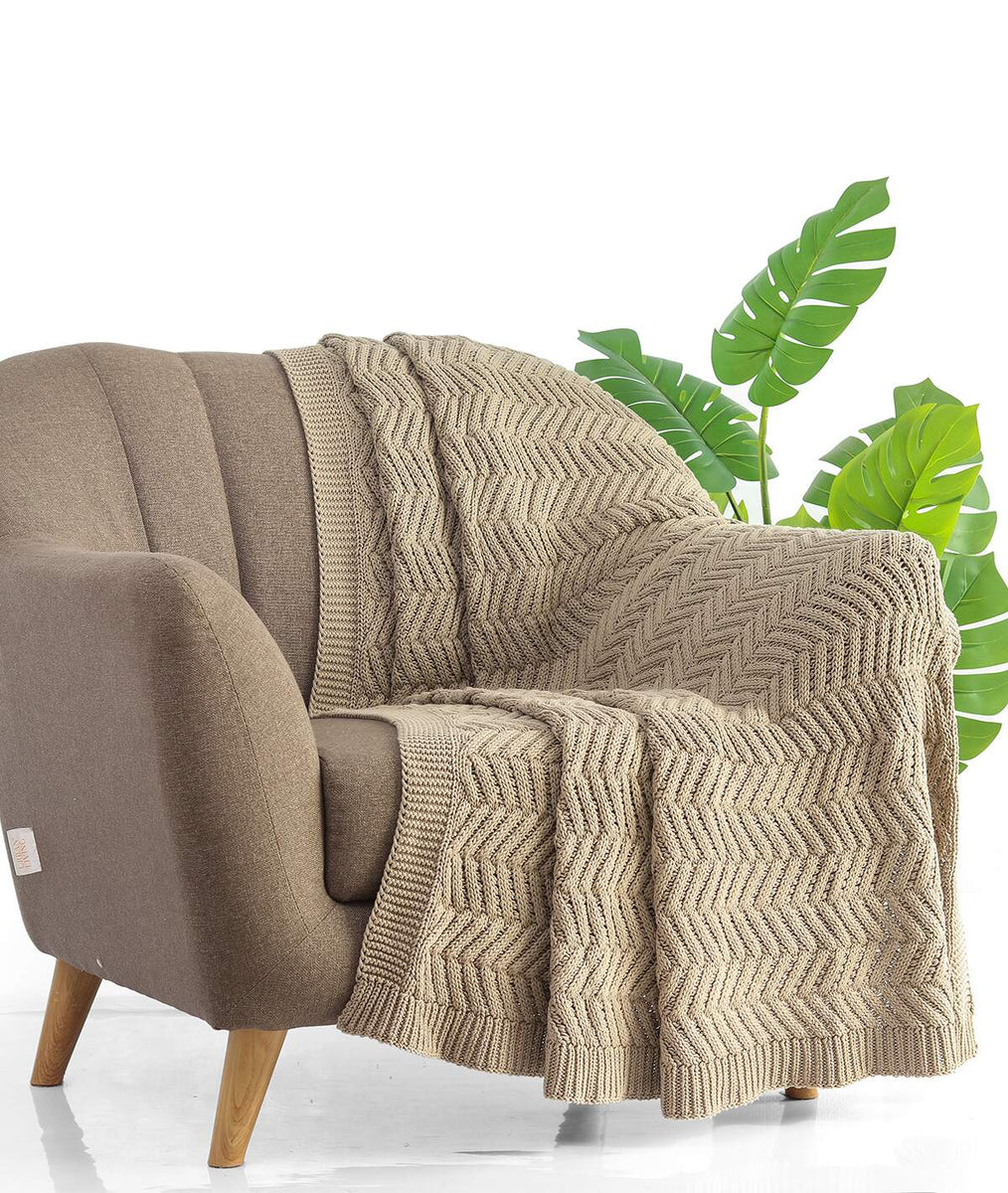 Chevron Oatmeal Color Cotton Knitted Throw /Blanket For Round The Year ...