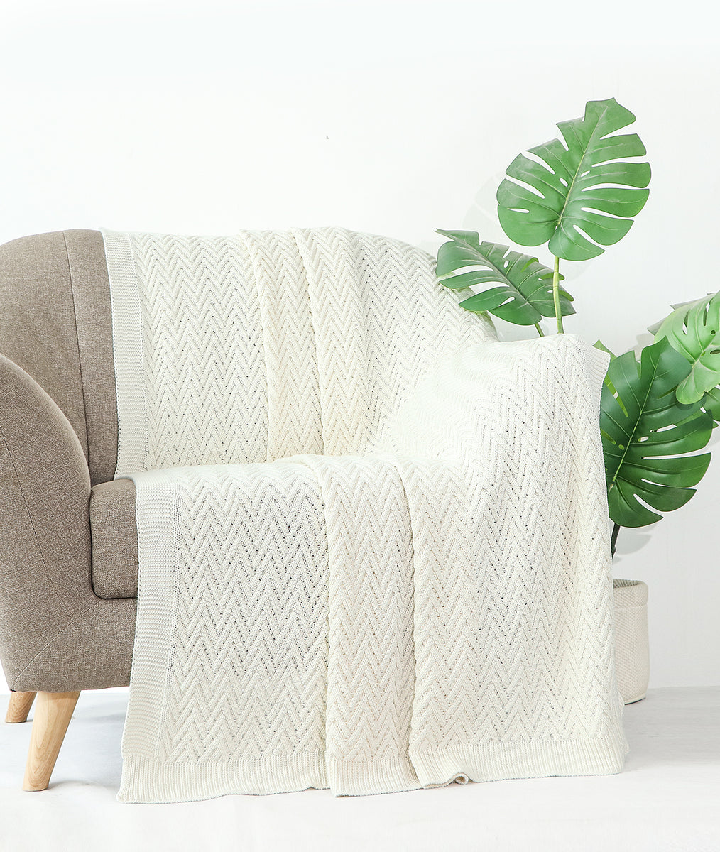 Elsa Ivory Cotton Knitted Throw /Blanket For Round The Year Use (125x1 ...