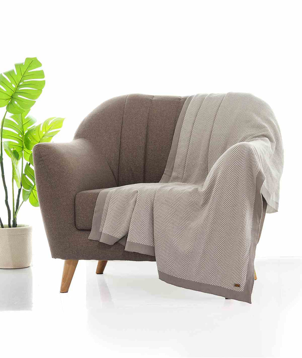 Herringbone Light Grey & Natural Color 100% Cotton Knitted All Season ...
