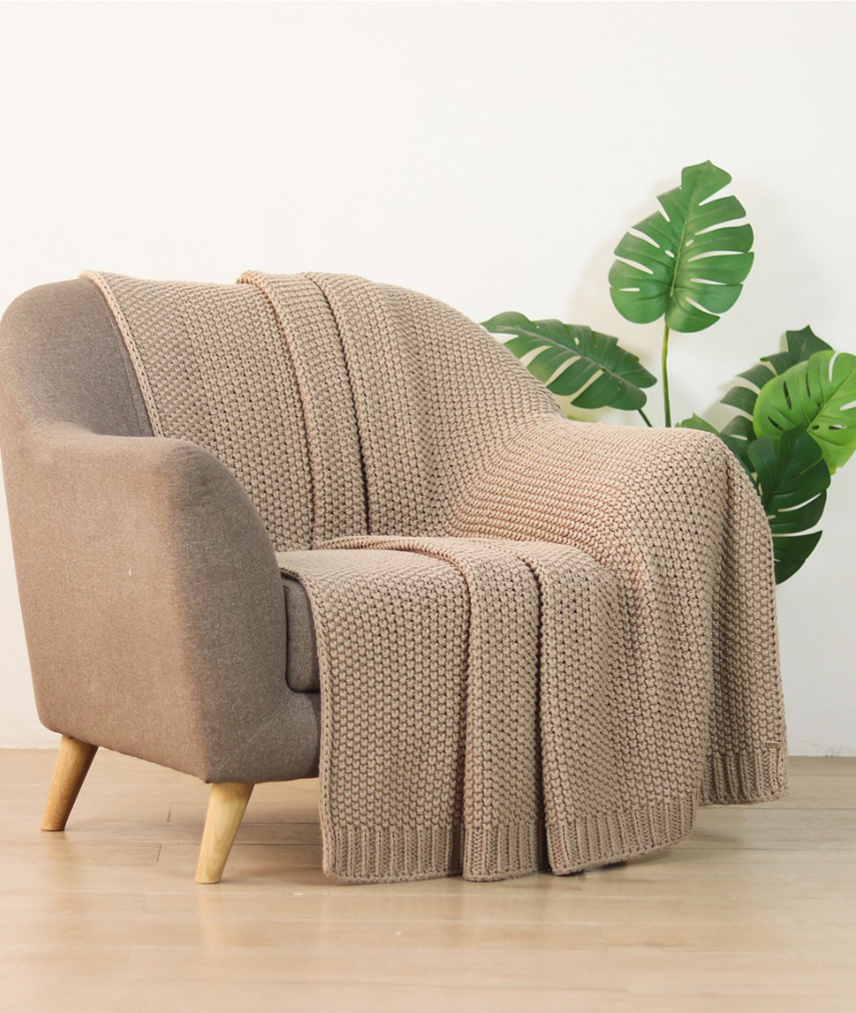 Nordic Hug Sandy Brown Cotton Knitted Throw /Blanket For Round The Yea ...