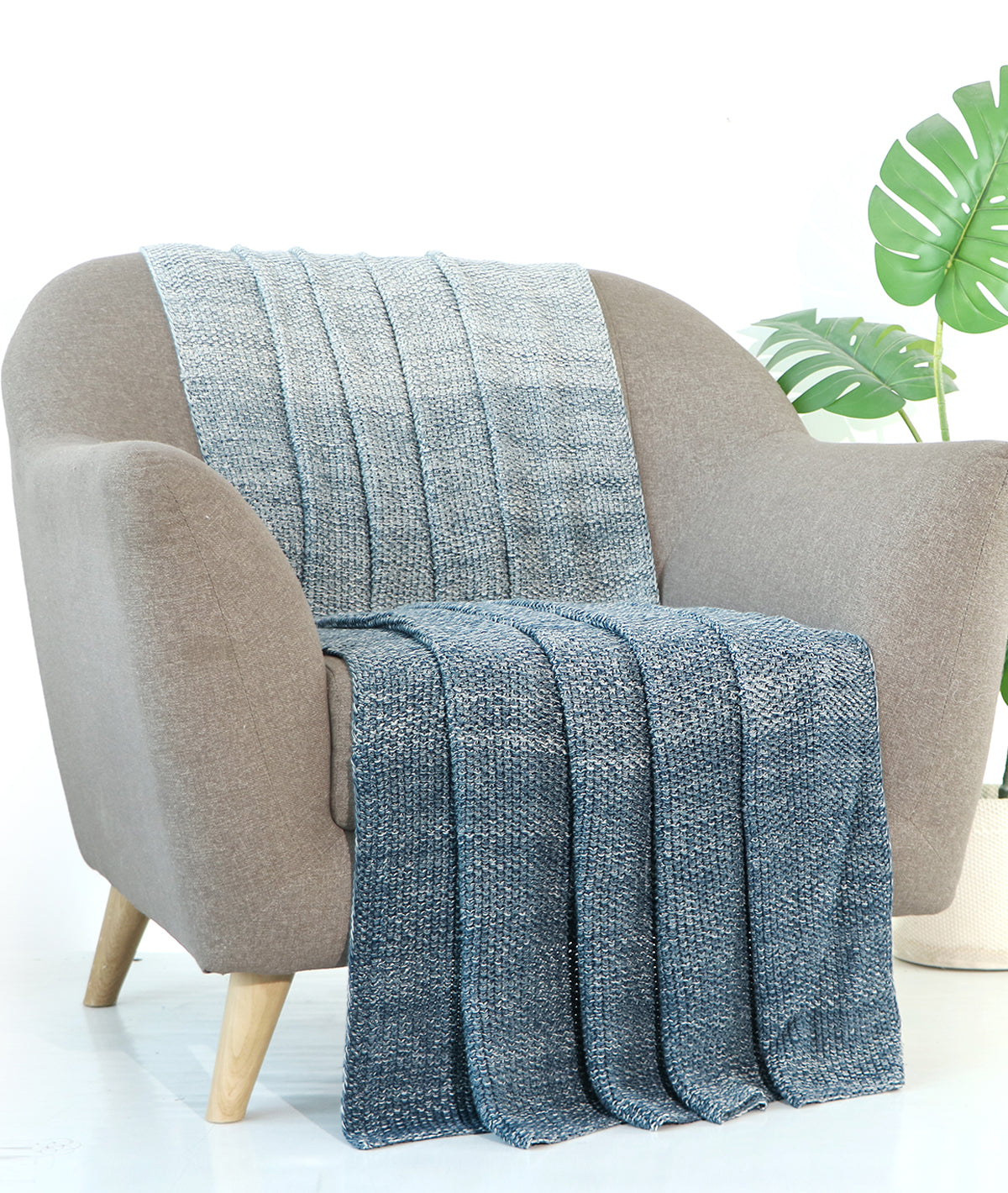 Ombre Moss Knit Blue & Natural Cotton Knitted Throw /Blanket For Round ...