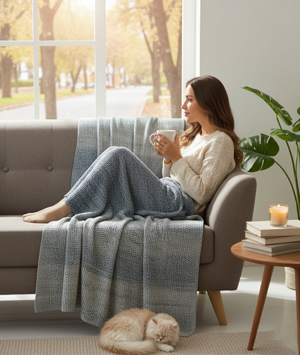 Ombre Moss Knit Blue & Natural Cotton Knitted Throw /Blanket For Round ...