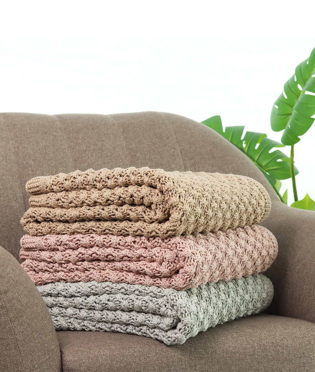 Popcorn Knit Light Beige Melange Color Cotton Knitted Throw /Blanket F ...