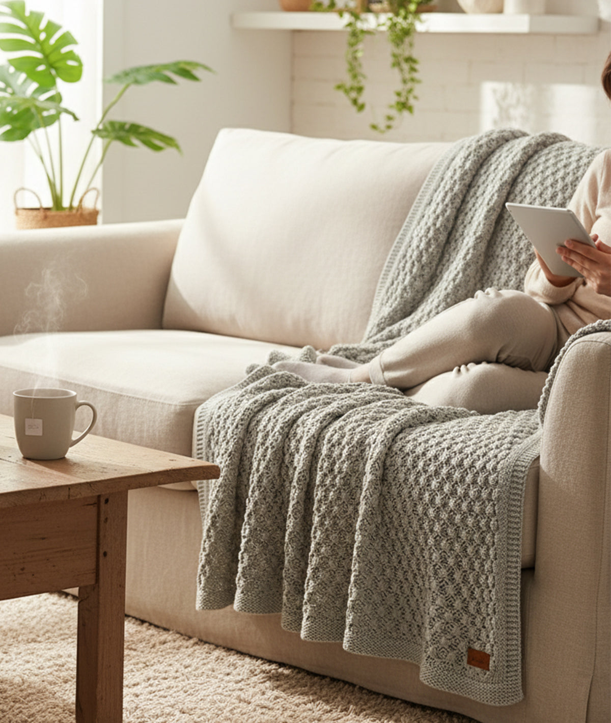 Popcorn Knit Vanilla Grey Melange Color Cotton Knitted Throw /Blanket ...