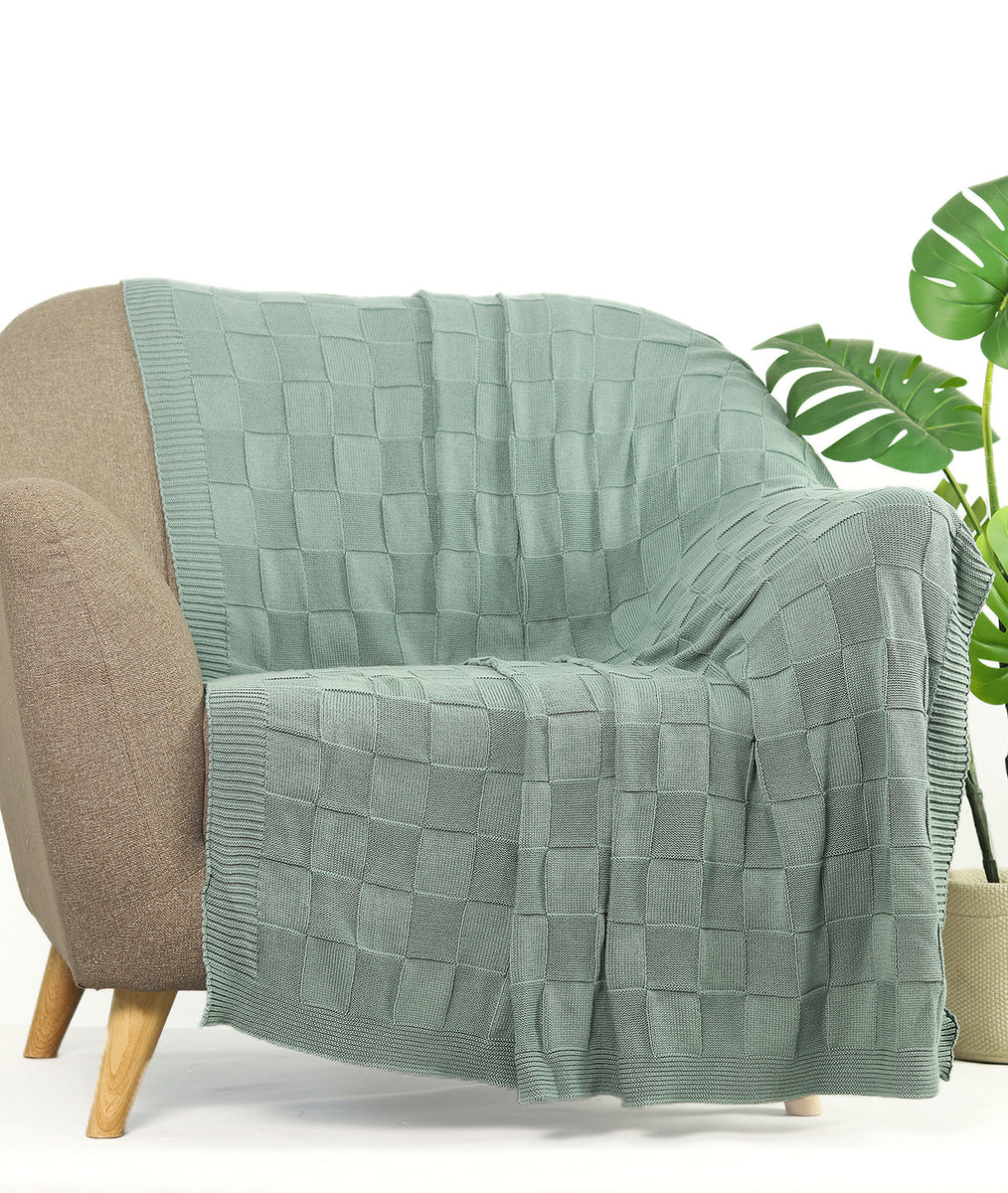 Square Check Cotton Knitted All Season Ac Throw Blanket (Blue Daisy ...