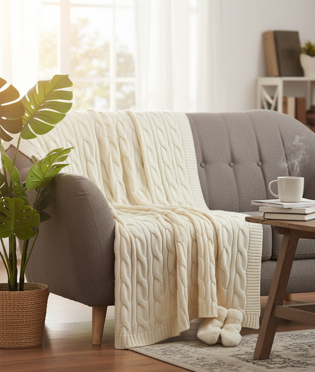 Vintage Knit Cotton Knitted All Season AC Throw Blanket (Natural ...