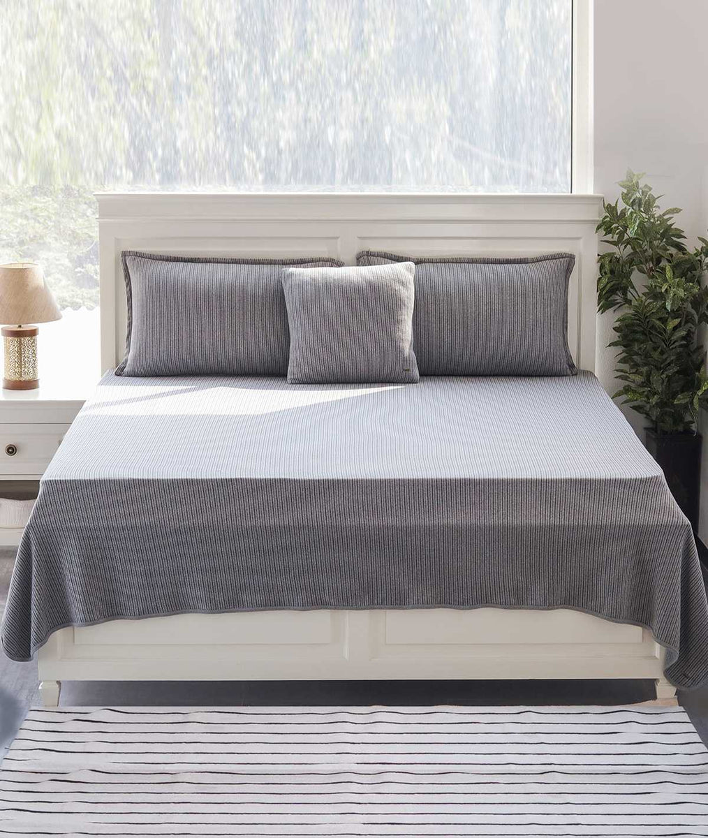 Stipe - Dark Grey Combed Cotton Knitted King Size Bed Cover / Ac ...