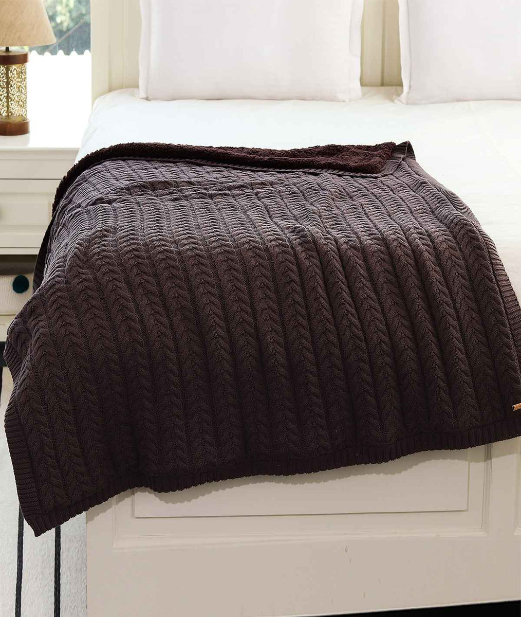 Mini Cable Knit - Brown Cotton Knitted Throw Blanket with Warm Sherpa ...