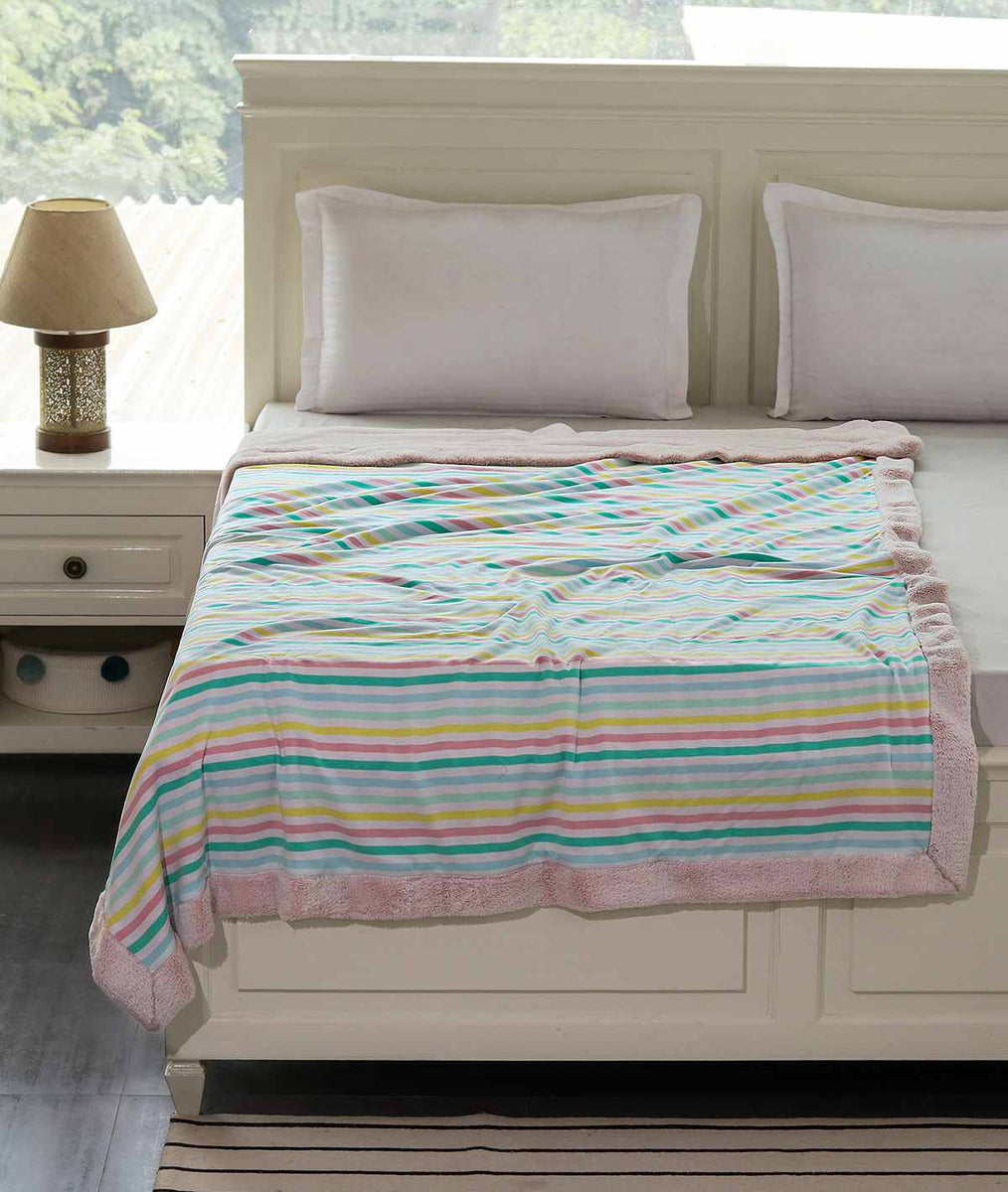 Multi Vibe with Multicolor Stripes Single Bed Cotton Knitted Blanket w ...