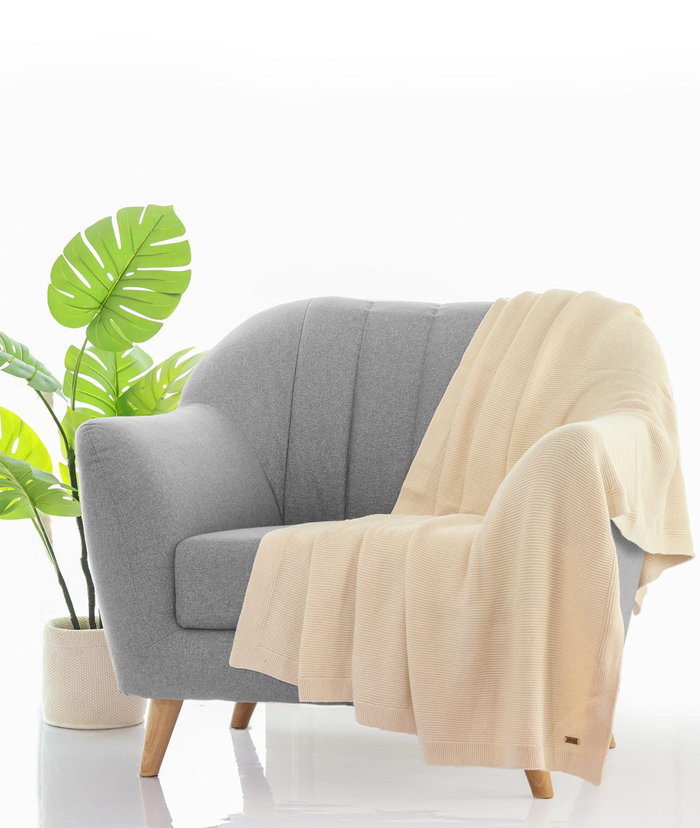 Transfer Knit Cotton Knitted All Season AC Throw Blanket (Natural ...